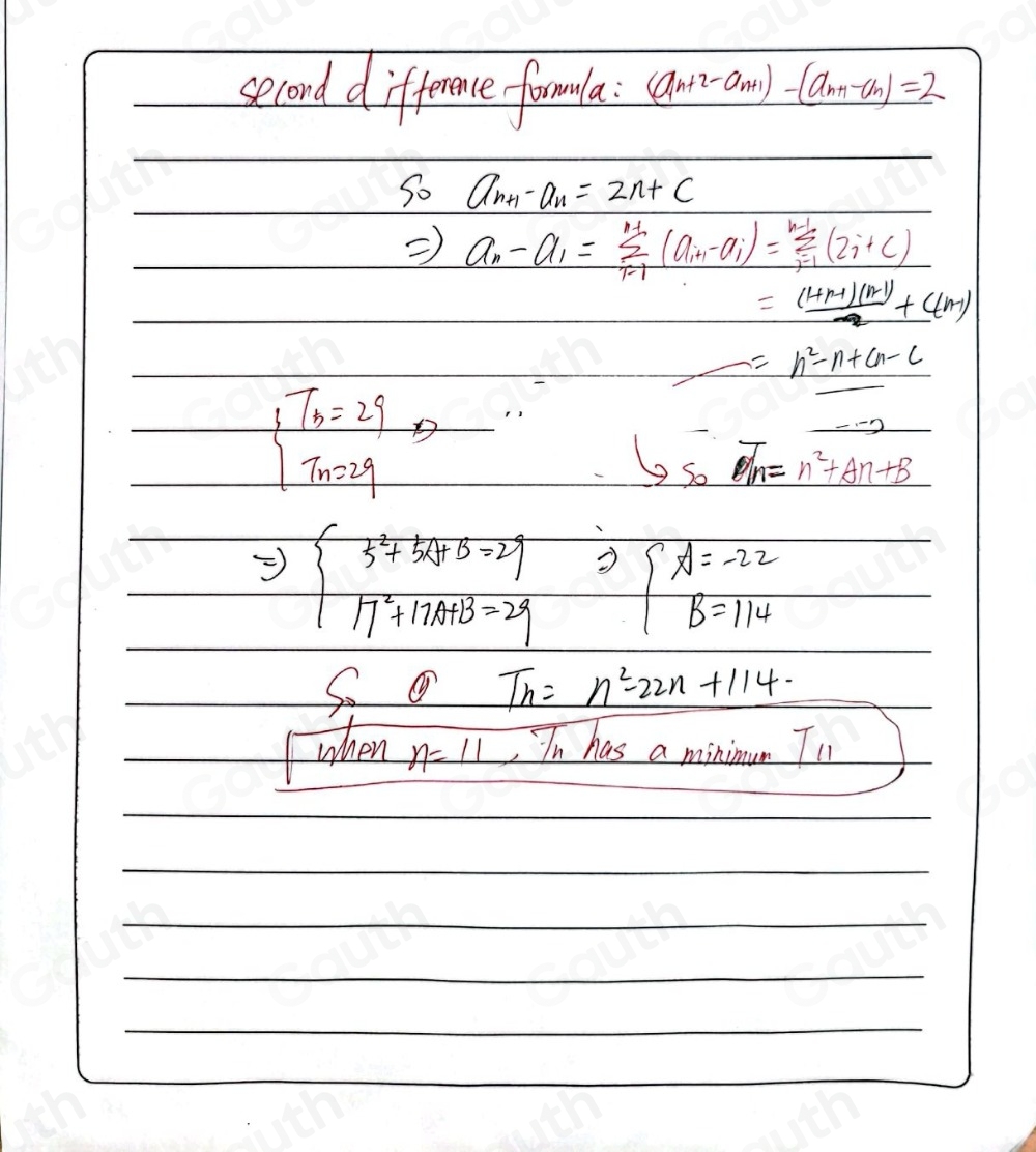 Solved: A quadratic pattern has a constant second difference of 2 and T ...