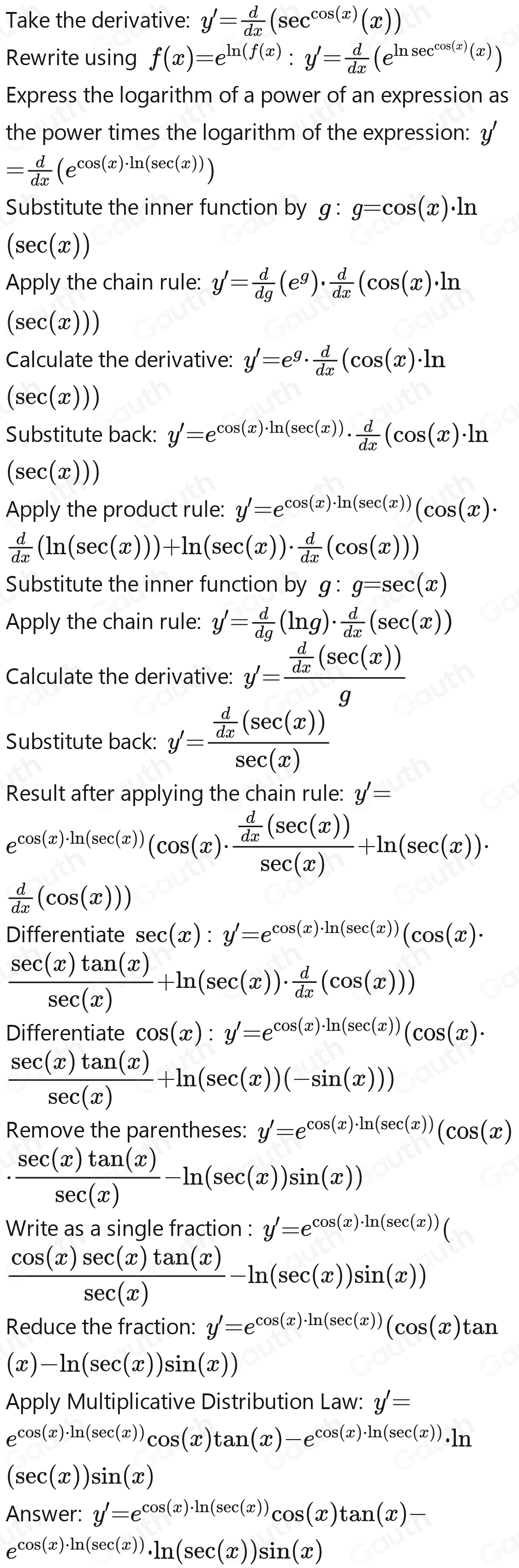 Solved: Find dy/dx of y=(sec x)^cos x Select one: None of the choices ...