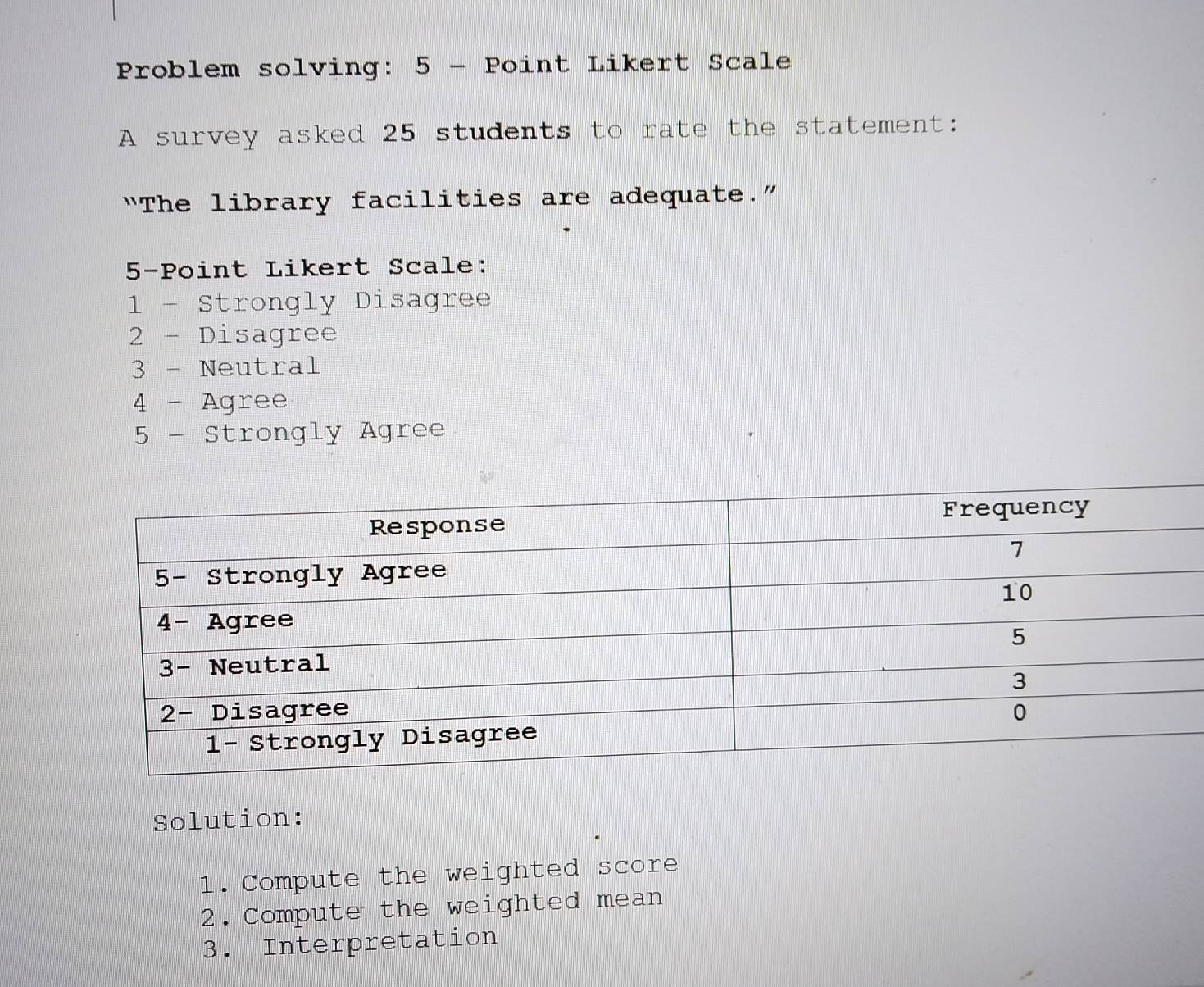 Solved: Problem solving: 5 - Point Likert Scale A survey asked 25 ...