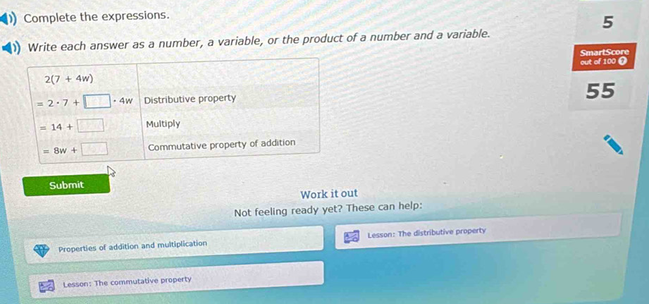 Solved: Complete the expressions. 5 Write each answer as a number, a ...