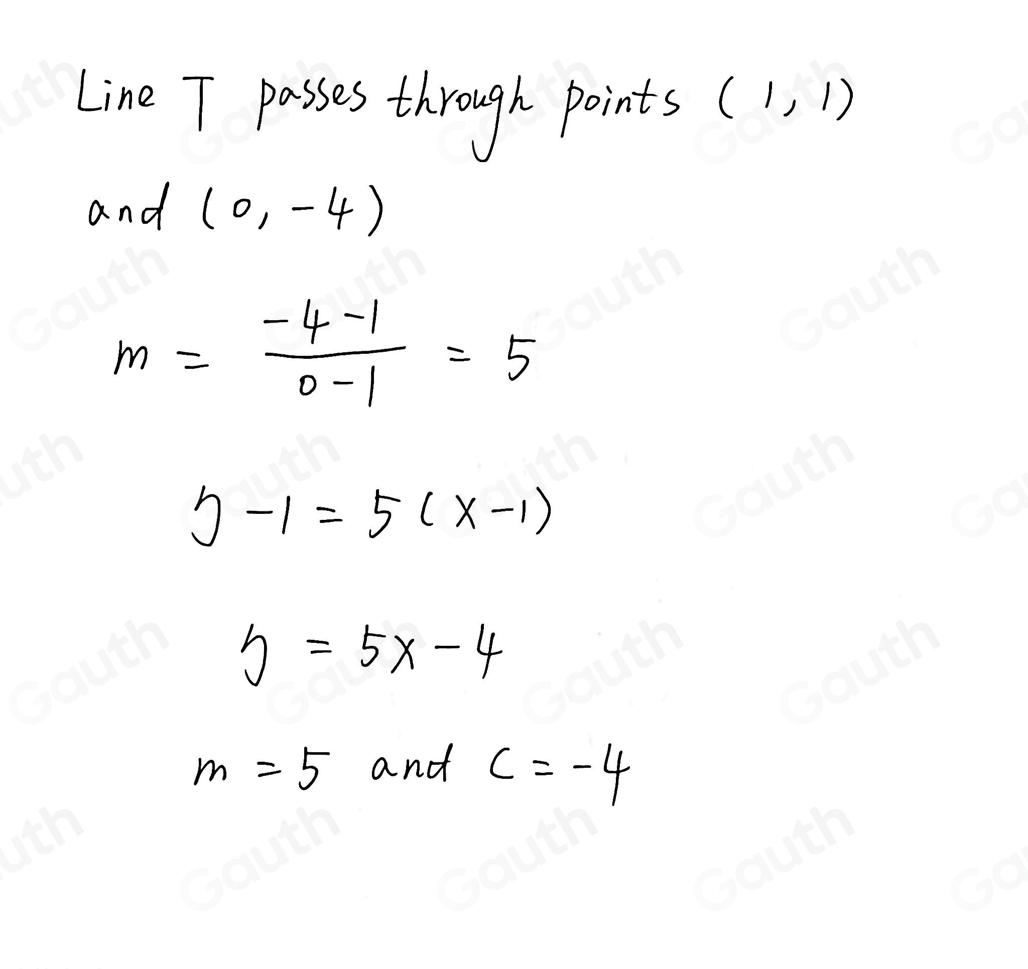 Solved: The equation of line T, shown below, can be written in the form y=mx+c. What are the val ...