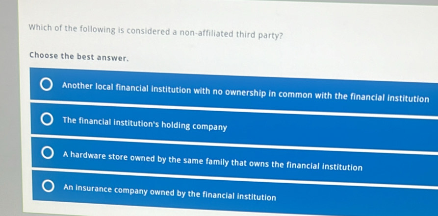 Solved: Which of the following is considered a non-affiliated third ...