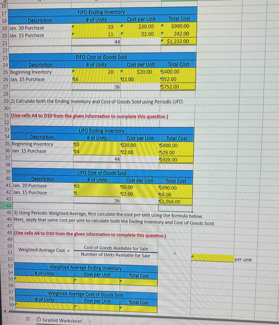 Solved: 16 17 FIFO Ending Inventory 18 Description # of Units Cost per ...