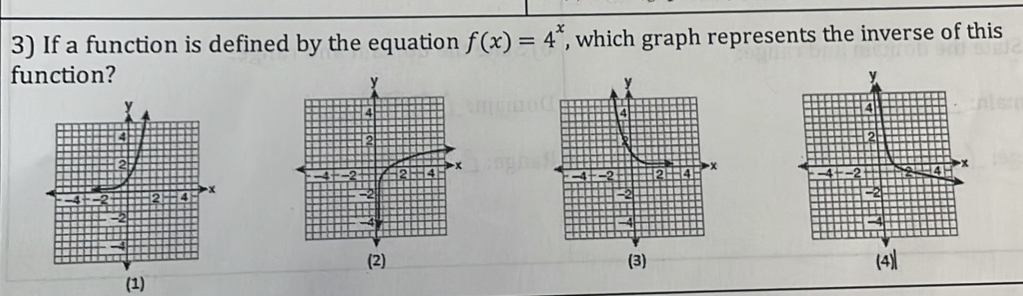 Solved: If a function is defined by the equation f(x)=4^x , which graph represents the inverse ...