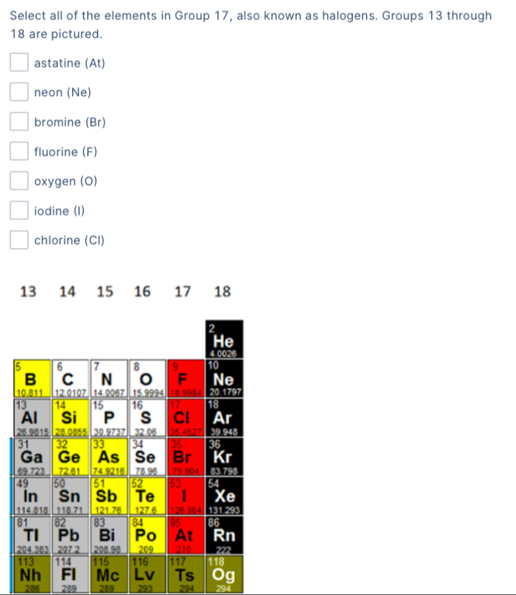 Solved: Select all of the elements in Group 17, also known as halogens ...