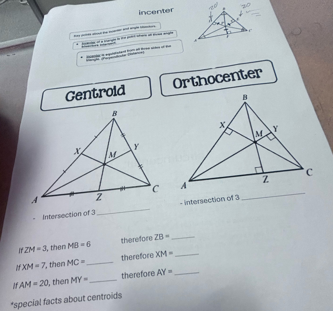 Solved: incenter Key points about the incenter and angle bisectors ...