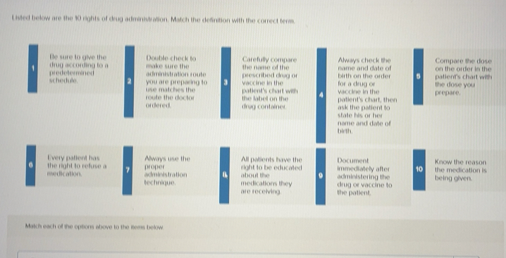 Solved: Listed below are the 10 rights of drug administration. Match ...