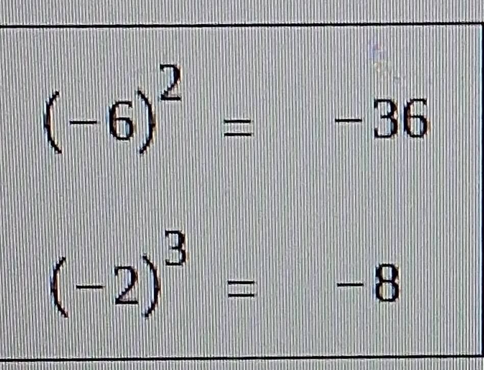 Solved: (-6)^2=-36 (-2)^3=-8 [Math]