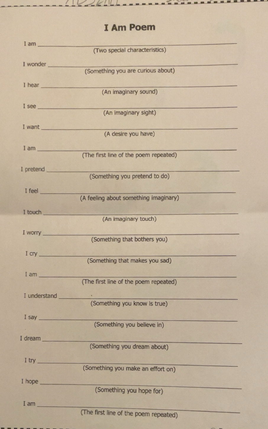 Gelöst:Am Poem I am_ (Two special characteristics) I wonder_ (Something ...