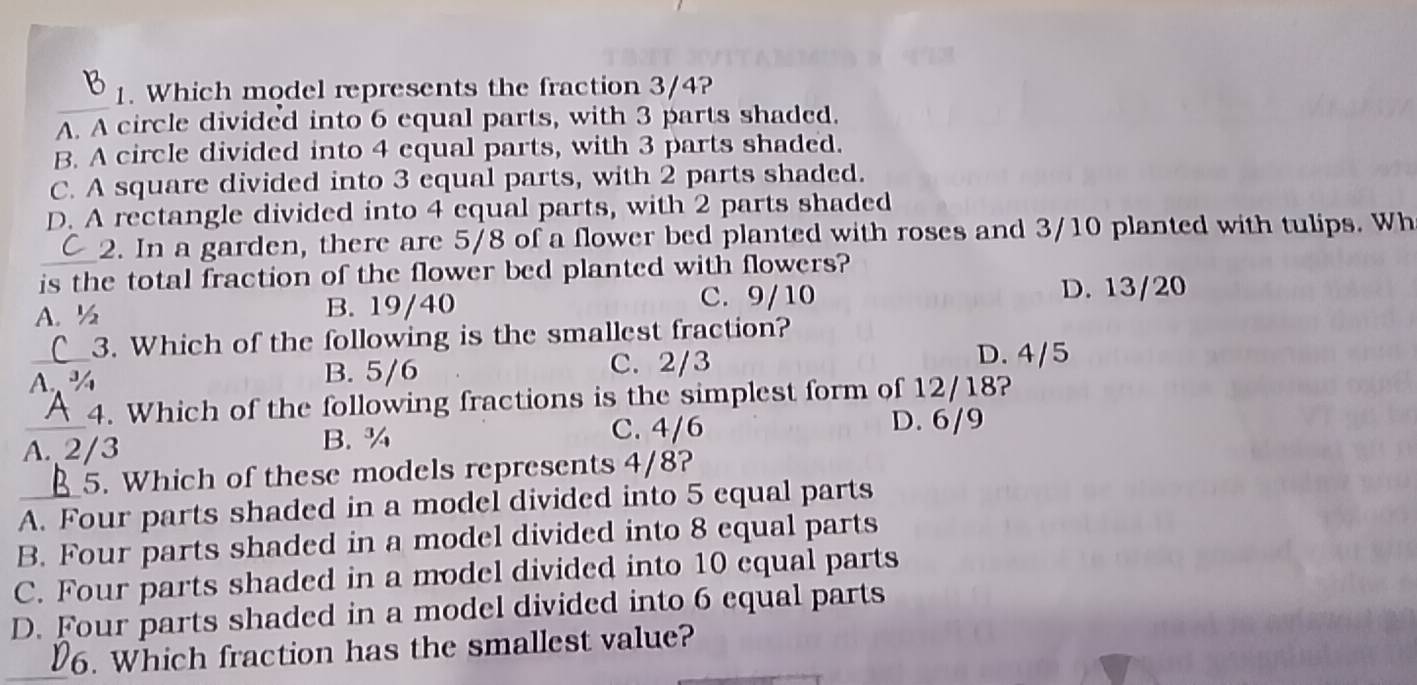 Solved: Which model represents the fraction 3/4? A. A circle divided ...