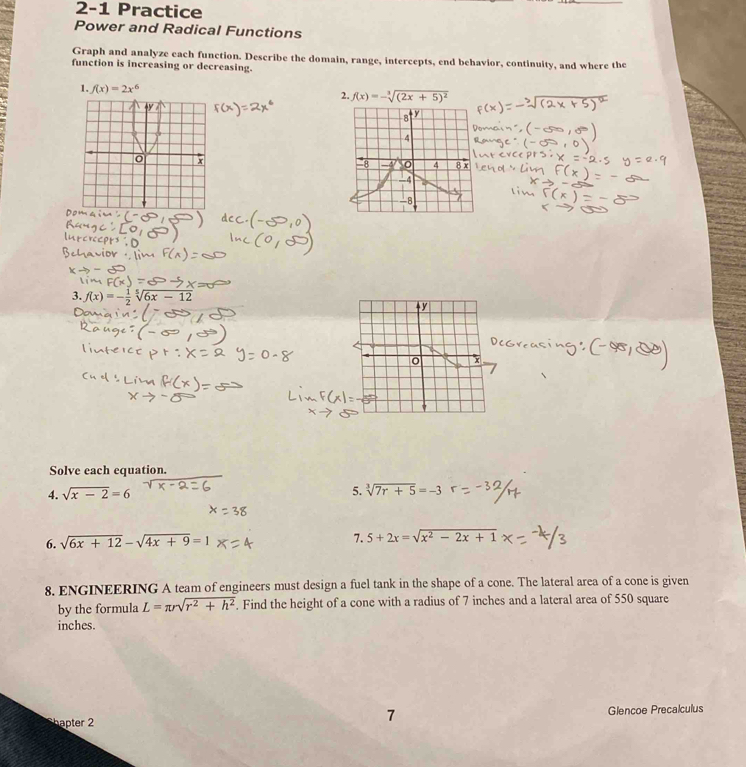Solved: 2-1 Practice _ Power and Radical Functions Graph and analyze each function. Describe the ...