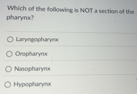 Solved: Which of the following is NOT a section of the pharynx ...
