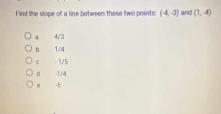 Solved: Find the slope of a line between these two points: (-4,-3) and ...