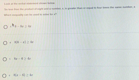 Solved: Look at the verbal statement shown below. Six less than the ...