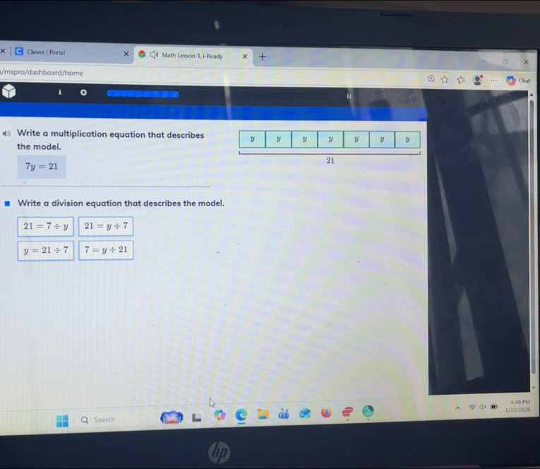 Gelöst:Clever | Portal × Math Lesson 1, i-Ready /mspro/dashboard/home ...