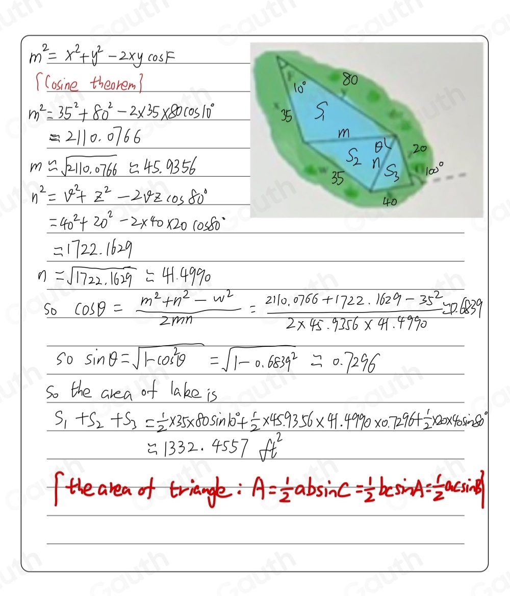 Solved: To approximate the area of a lake, a surveyor walks around the ...