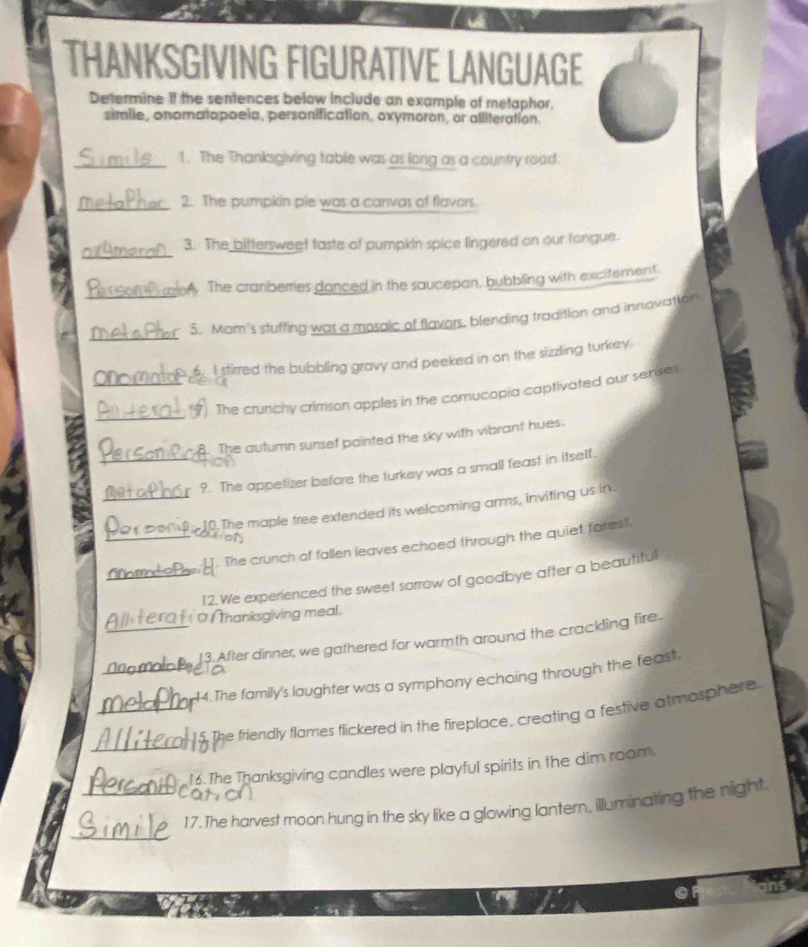 Solved: THANKSGIVING FIGURATIVE LANGUAGE Determine It the sentences ...