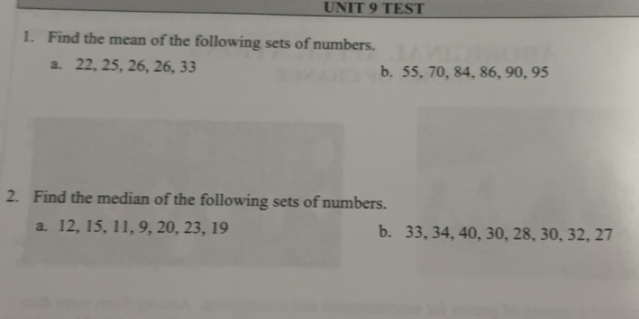 Solved: TEST 1. Find the mean of the following sets of numbers. a. 22 ...