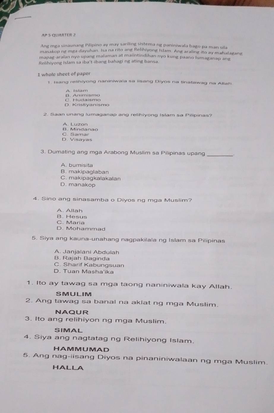 Solved: AP 5 QUARTER 2 Ang mga sinaunang Pilipino ay may sariling ...