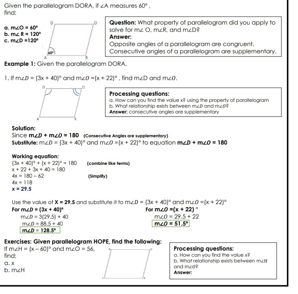 Solved: Given the parallelogram DORA, if ∠ A measures 60°, find ...