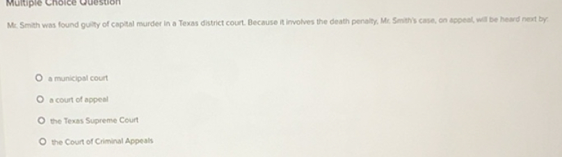 Solved: Multipie Chéice Question Mr. Smith was found guilty of capital ...