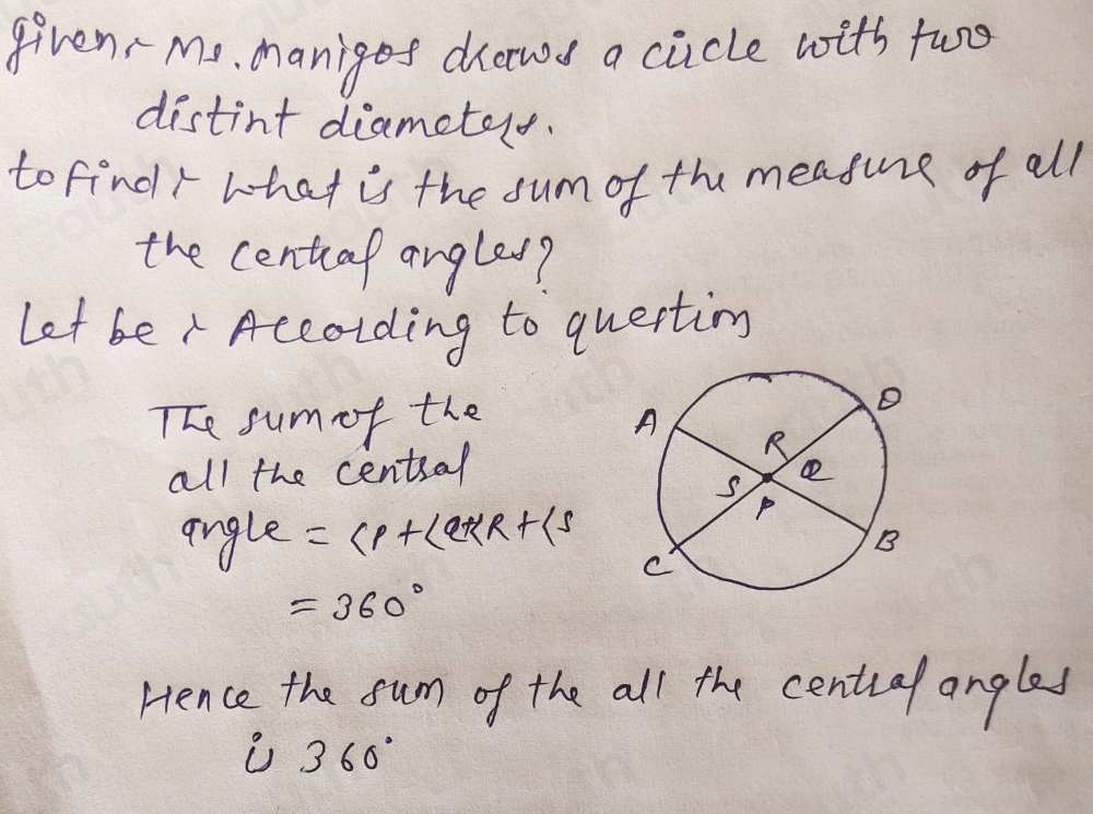 Solved: Ms. Manigos draws a circle with two distinct diameters. What is ...
