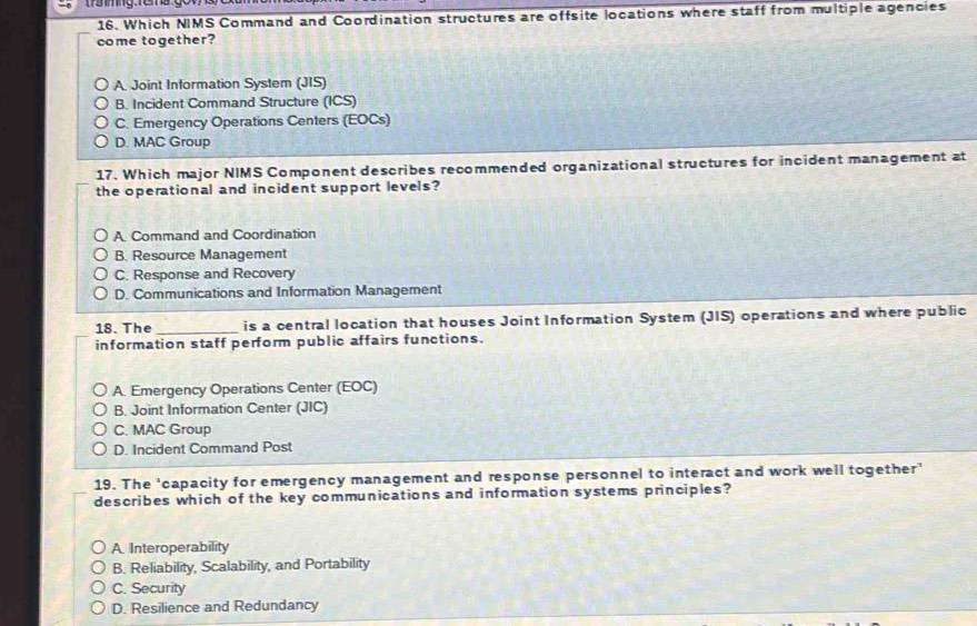 Solved: tmng.rers.gon 16. Which NIMS Command and Coordination structures are offsite locations ...