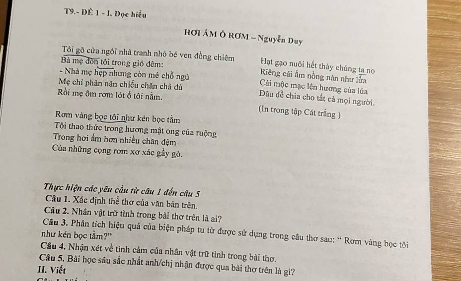 Giải quyết:T9.- ĐÈ 1 - I. Đọc hiểu HƠI ÁM Ô RƠM - Nguyễn Duy Tôi gõ cửa ...