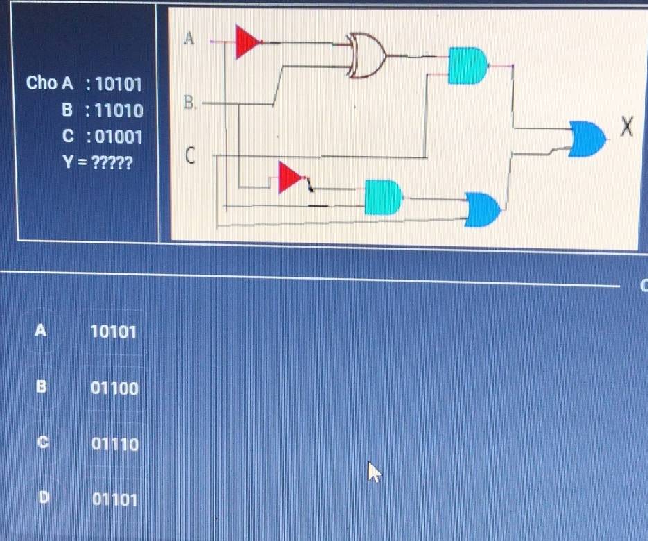 Giải quyết:Cho A:10101 B:11010 C:01001 Y=????? A 10101 B 01100 C 01110 ...