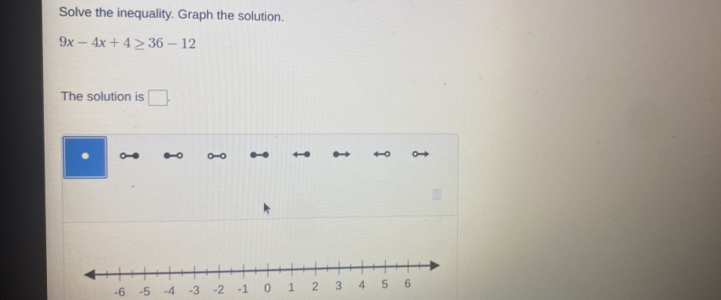 Solved: Solve the inequality. Graph the solution. 9x-4x+4≥ 36-12 The ...