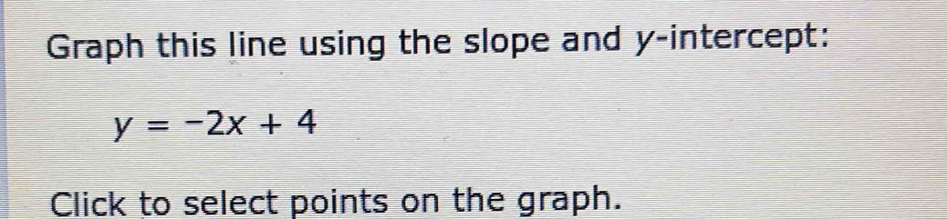 Graph this line using the slope and y-intercept: y=-2x+4 Click to ...