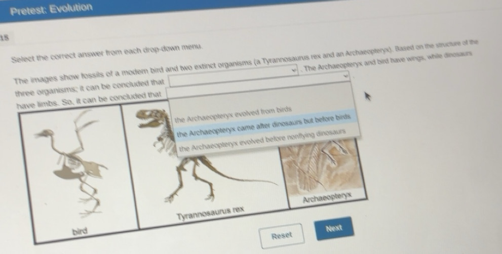 Solved: Pretest: Evolution 15 Select the correct answer from each drop ...