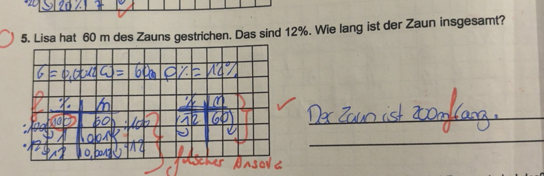 Gelöst:Lisa hat 60 m des Zauns gestrichen. Das sind 12%. Wie lang ist ...