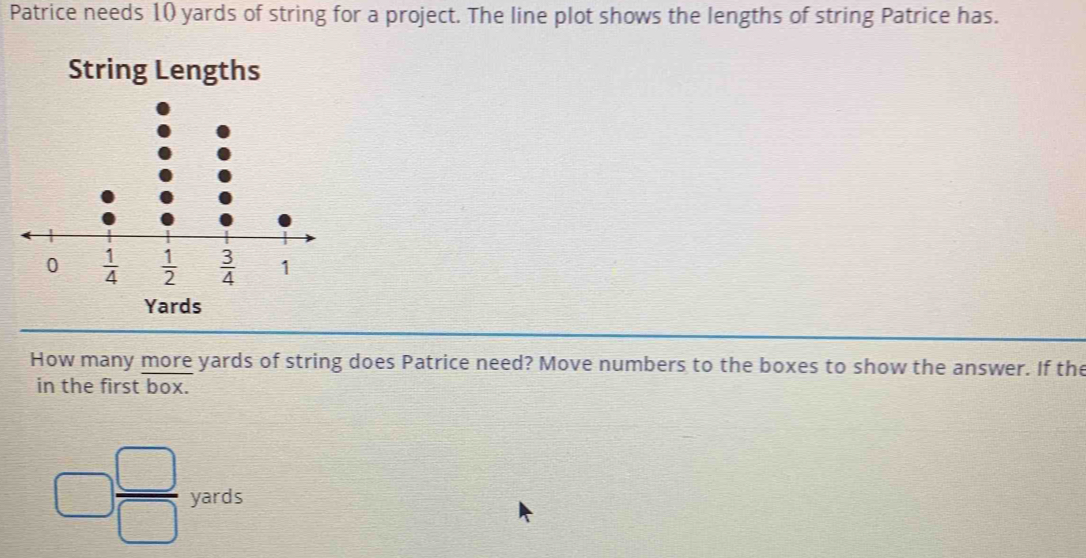Solved: Patrice needs 10 yards of string for a project. The line plot ...