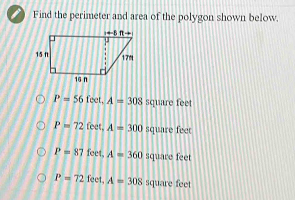 Solved: Find the perimeter and area of the polygon shown below. P=56 ...