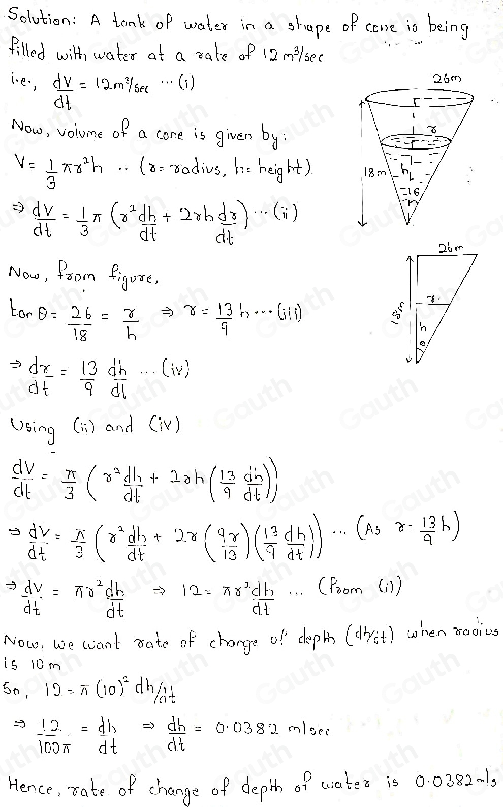 Solved: A tank of water in the shape of a cone is being filled with ...
