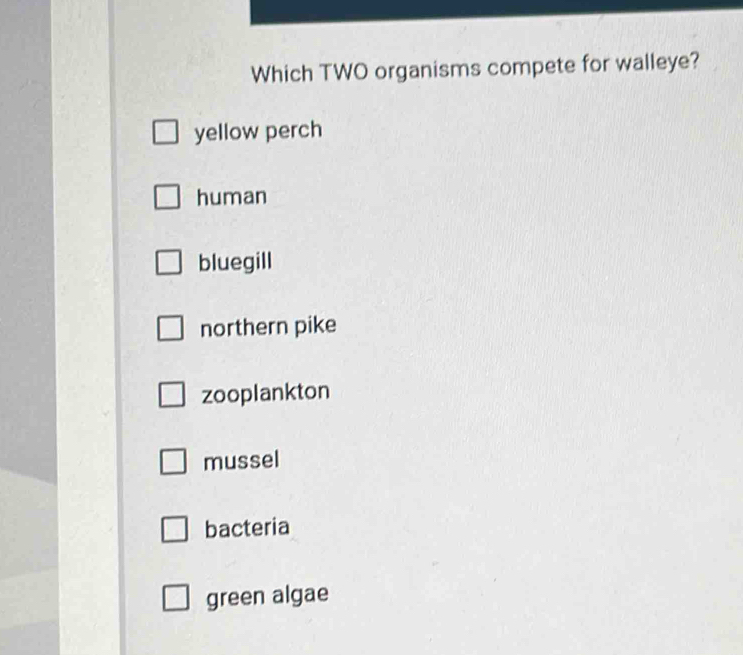 Solved: Which TWO organisms compete for walleye? yellow perch human ...