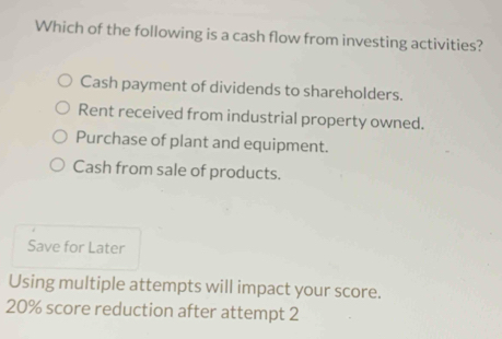 Solved: Which of the following is a cash flow from investing activities ...