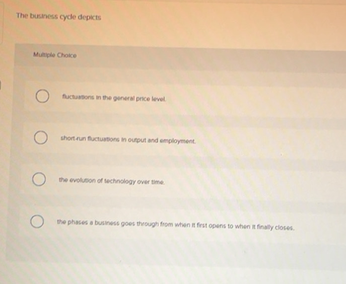 Solved: The business cycle depicts Multiple Choice fluctuations in the ...