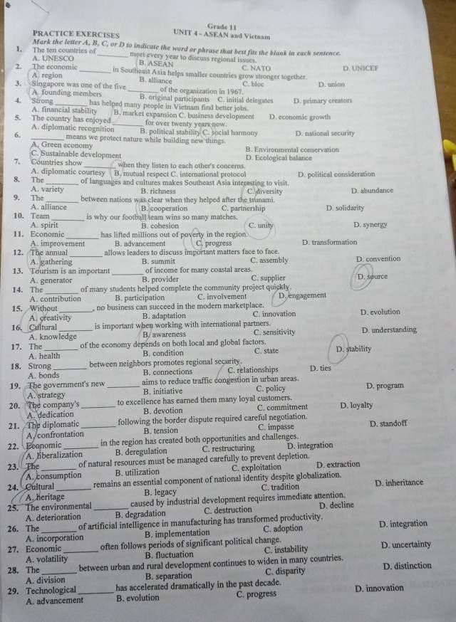 Giải quyết:Grade 11 PRACTICE EXERCISES UNIT 4 - ASEAN and Vietnam Mark ...