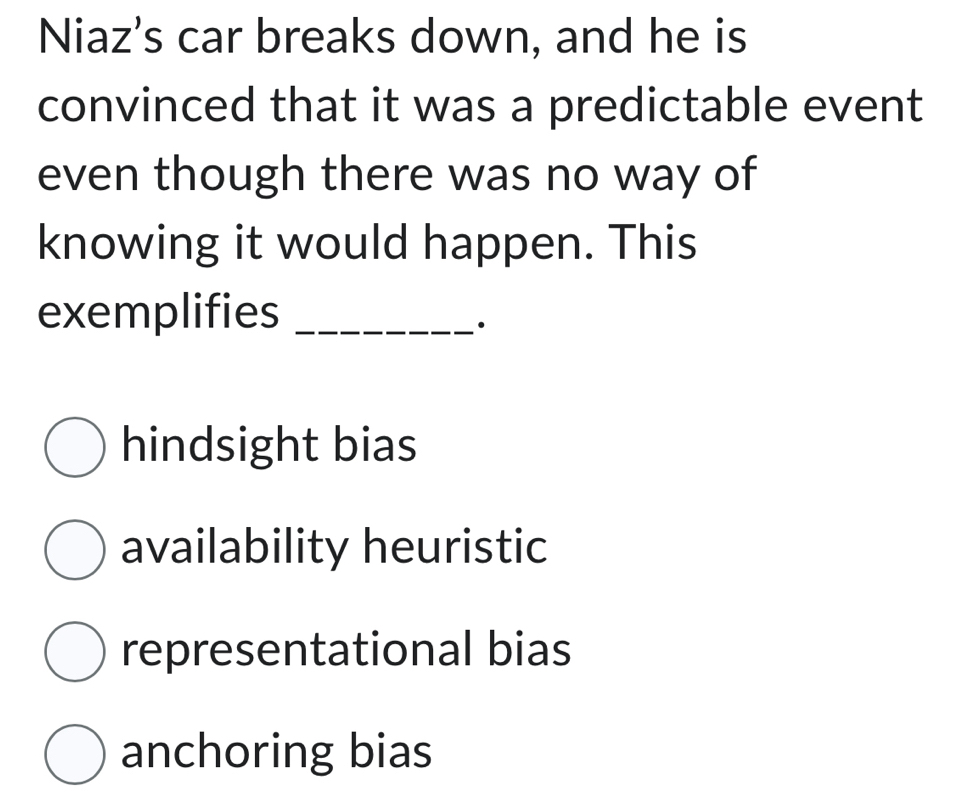 Solved: Niaz's car breaks down, and he is convinced that it was a ...