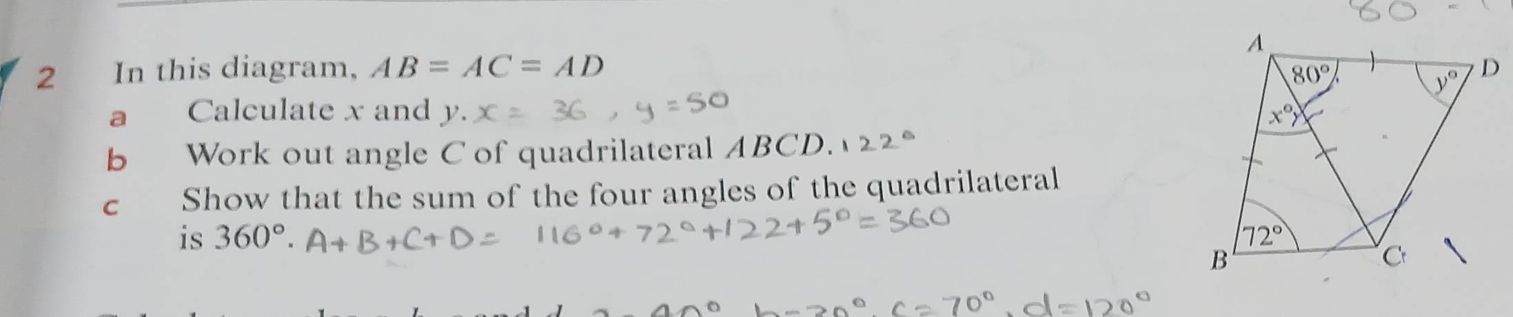تم الحل:In this diagram, AB=AC=AD a Calculate x and y. b Work out angle ...