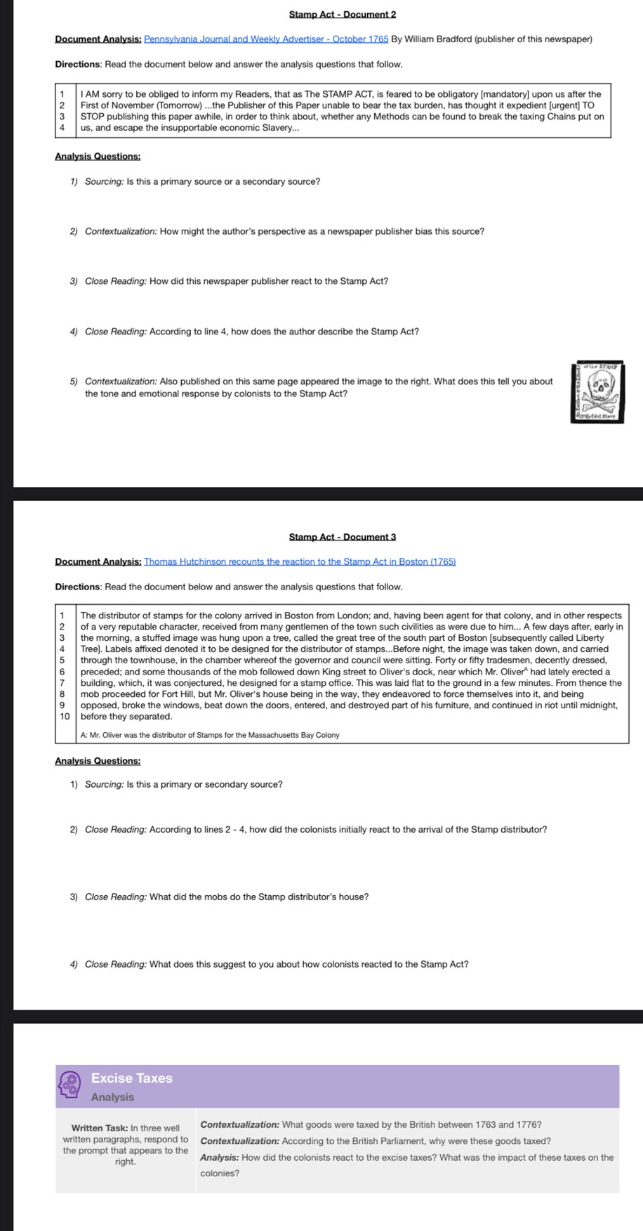 Solved: Stamp Act - Document 2 Document Analysis: Pennsylvania Journal ...