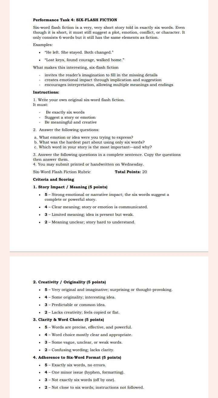 Solved: Performance Task 4: SIX-FLASH FICTION Six-word flash fiction is ...
