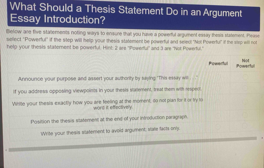 Solved: What Should a Thesis Statement Do in an Argument Essay ...