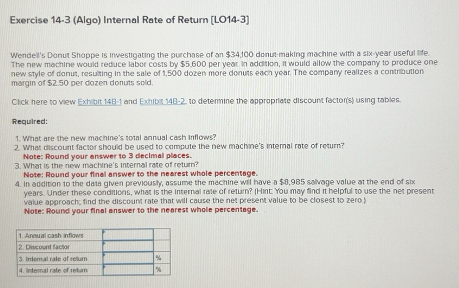 Solved: (Algo) Internal Rate of Return [LO14-3] Wendell's Donut Shoppe ...
