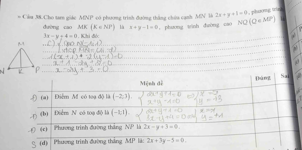 Giải quyết:phương trình » Câu 38. Cho tam giác MNP có phương trình đường thẳng chứa cạnh MN là ...