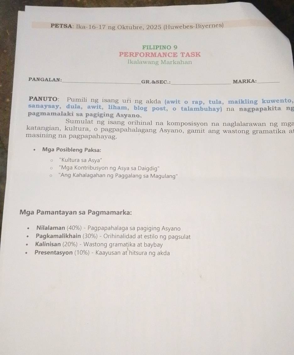 Solved: PETSA: Ika-16-17 ng Oktubre, 2025 (Huwebes-Biyernes) FILIPINO 9 ...