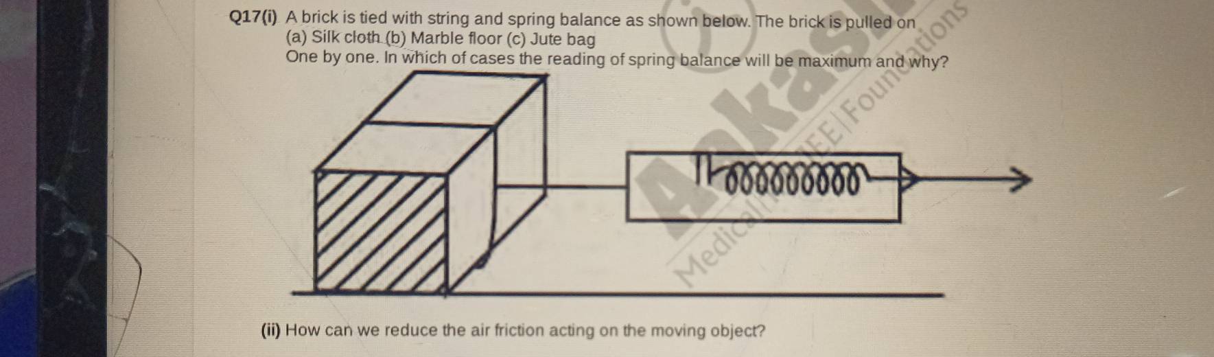 Solved: Q17(i) A brick is tied with string and spring balance as shown ...