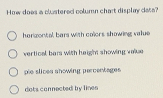 Solved: How does a clustered column chart display data? horizontal bars ...
